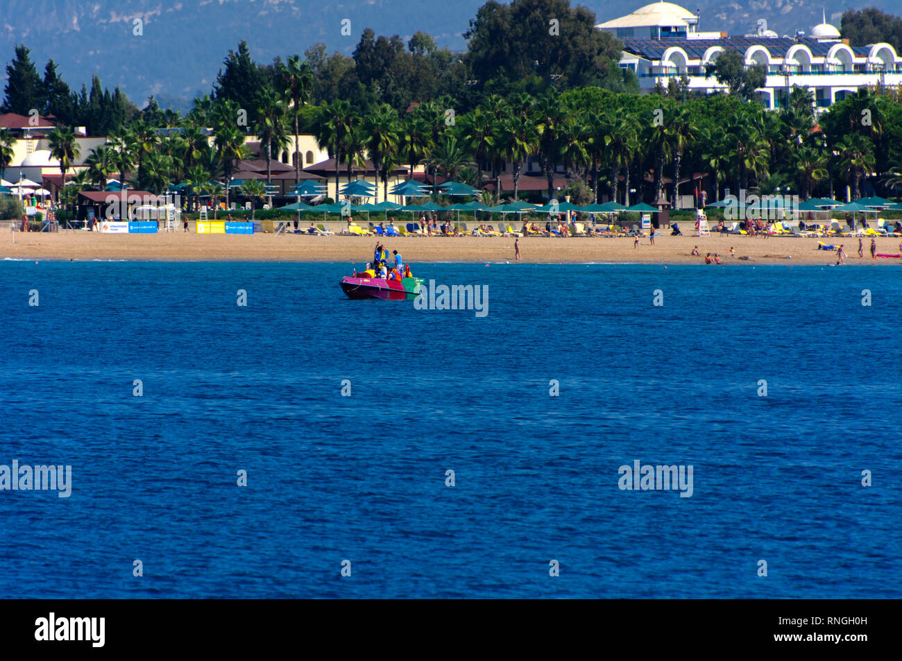 Alanya, Turkey - October 05, 2018. Beautiful hotels of Turkey against ...