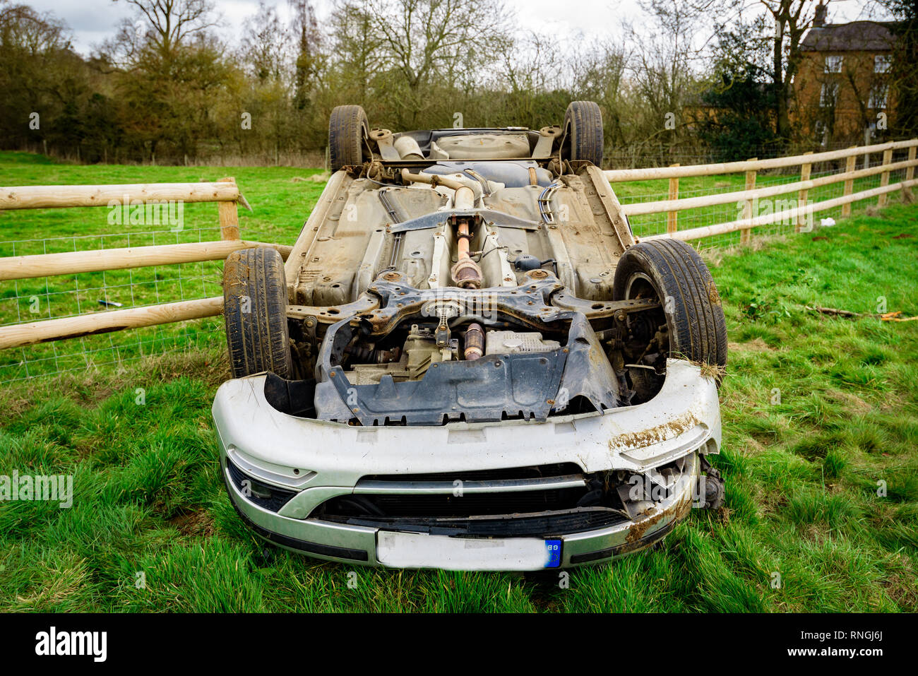 Car Crash and Car Damage. Vehicle in a field after high speed crash ...