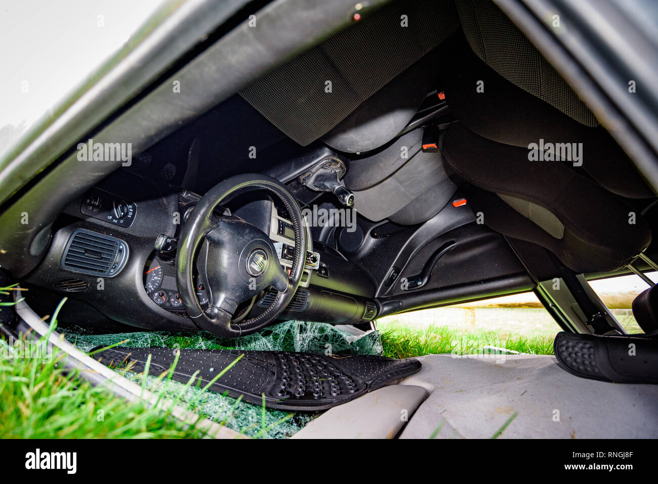 Car Crash and Car Damage. Vehicle in a field after high speed crash ...