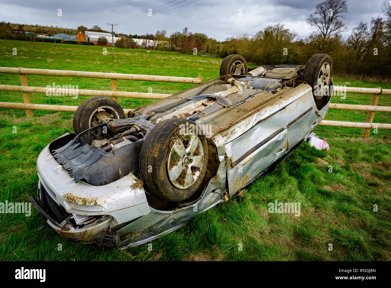 Car Crash and Car Damage. Vehicle in a field after high speed crash ...
