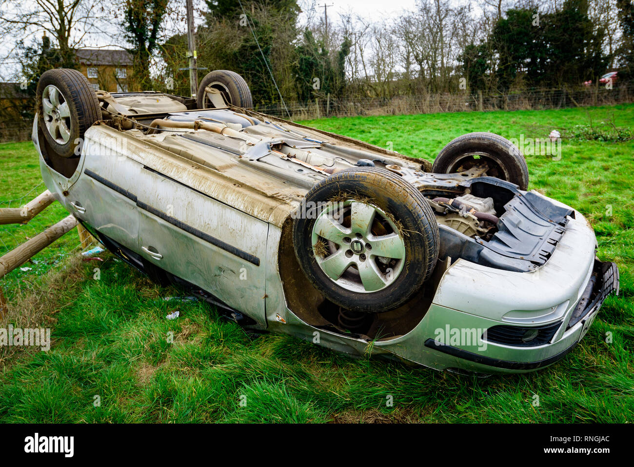 Car Crash and Car Damage. Vehicle in a field after high speed crash ...