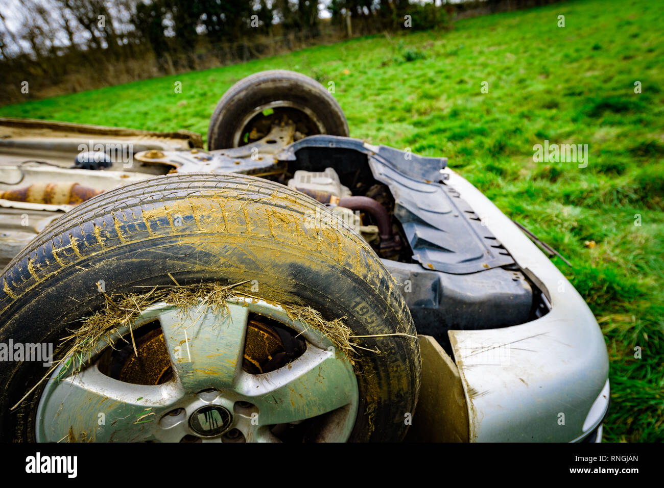 Car Crash and Car Damage. Vehicle in a field after high speed crash ...