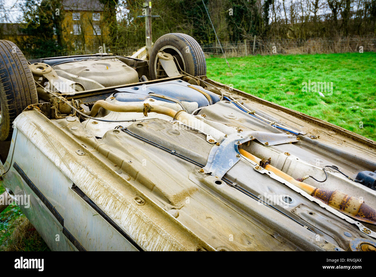 Car Crash and Car Damage. Vehicle in a field after high speed crash ...
