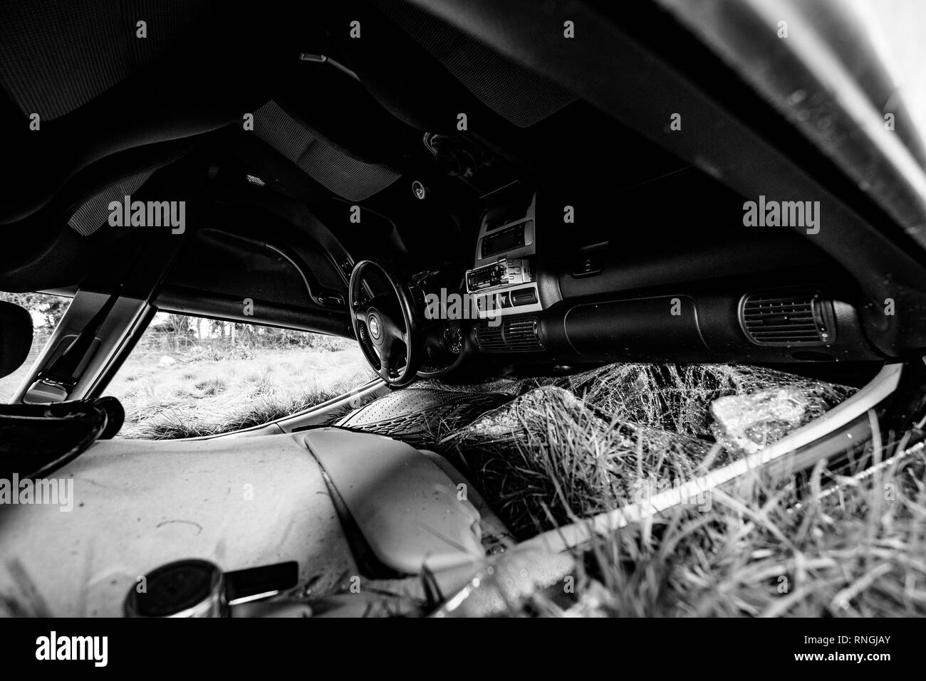 Car Crash and Car Damage. Vehicle in a field after high speed crash ...