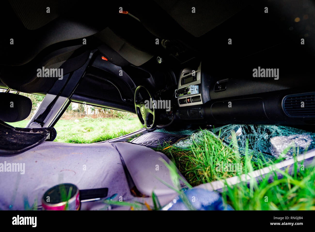 Car Crash and Car Damage. Vehicle in a field after high speed crash ...