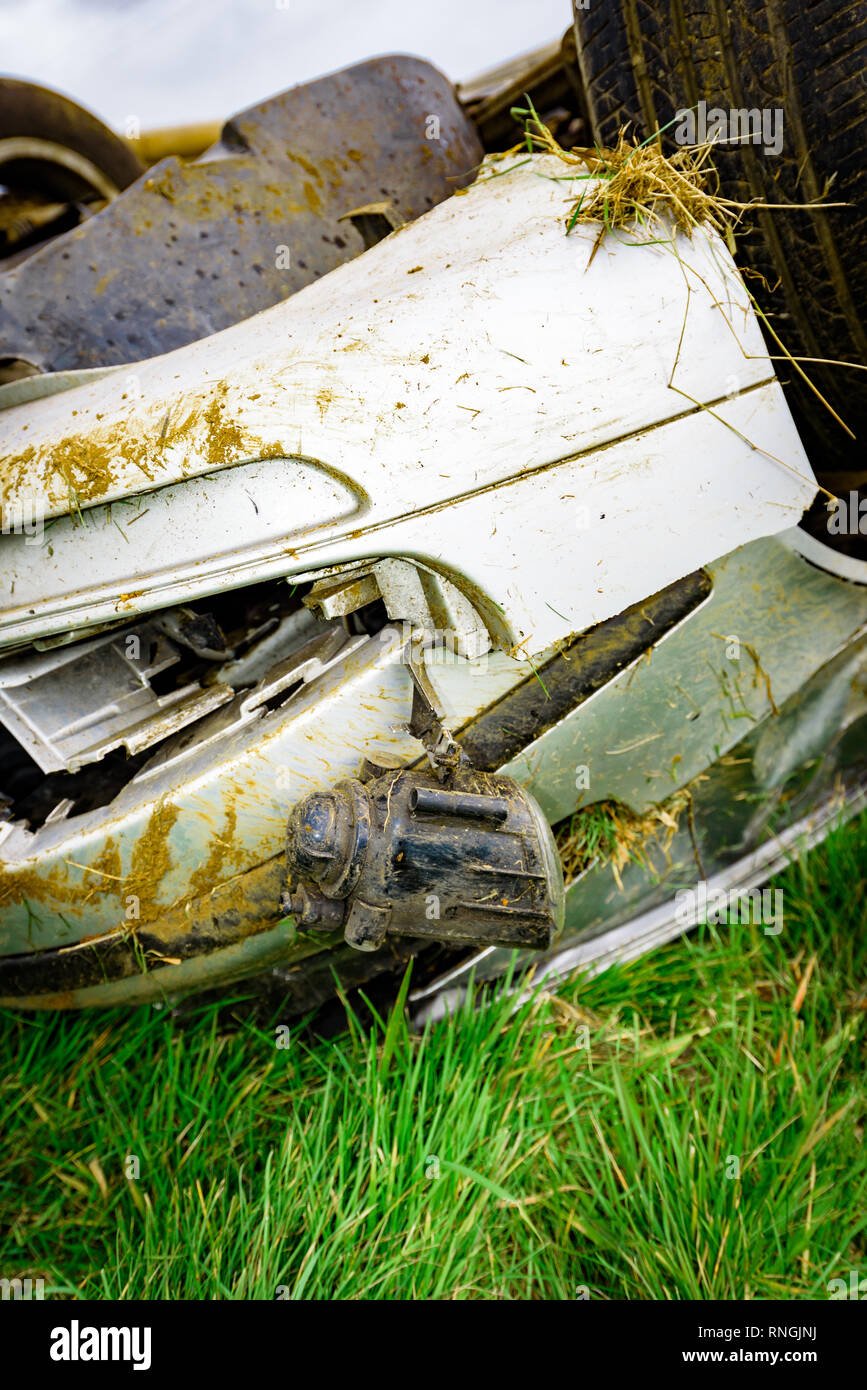 Car Crash and Car Damage. Vehicle rolled over in a field after a high ...