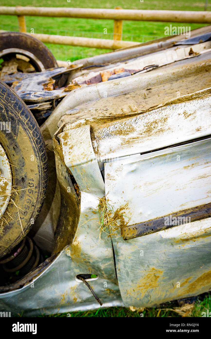 Car Crash and Car Damage. Vehicle rolled over in a field after a high ...