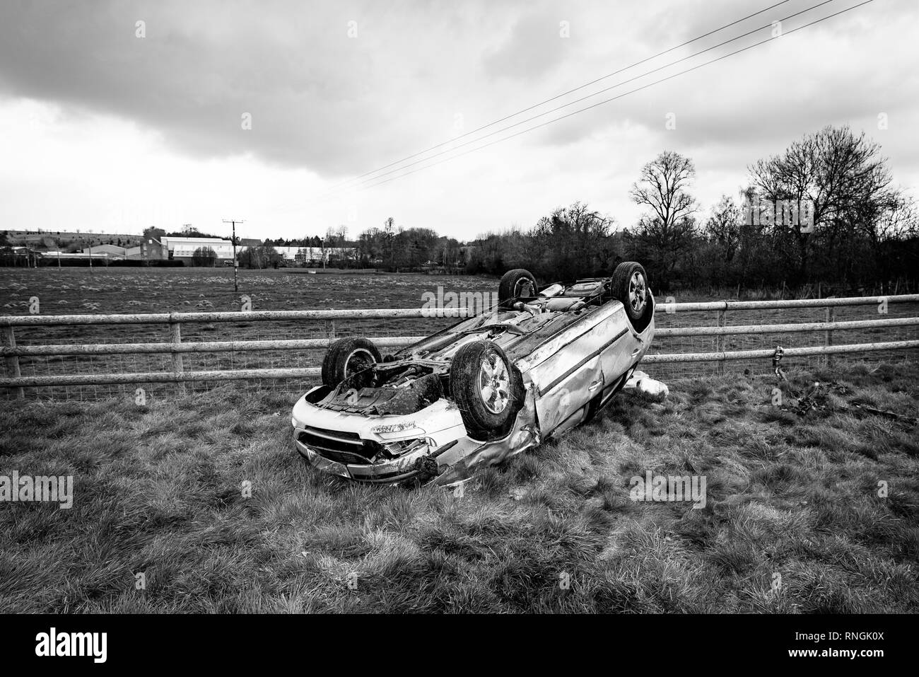 Car Crash and Car Damage. Vehicle rolled over in a field after a high ...