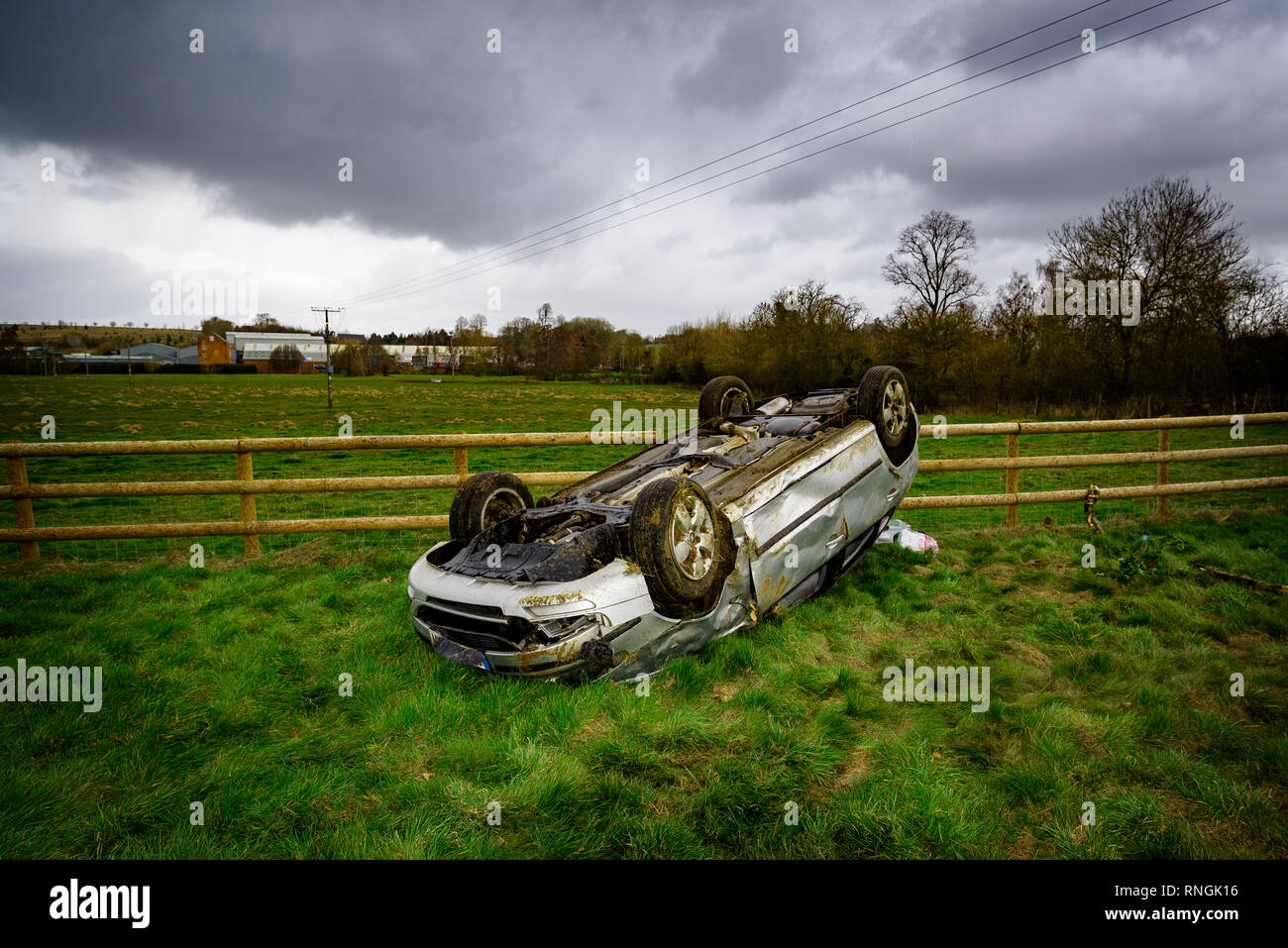 Car Crash and Car Damage. Vehicle rolled over in a field after a high ...