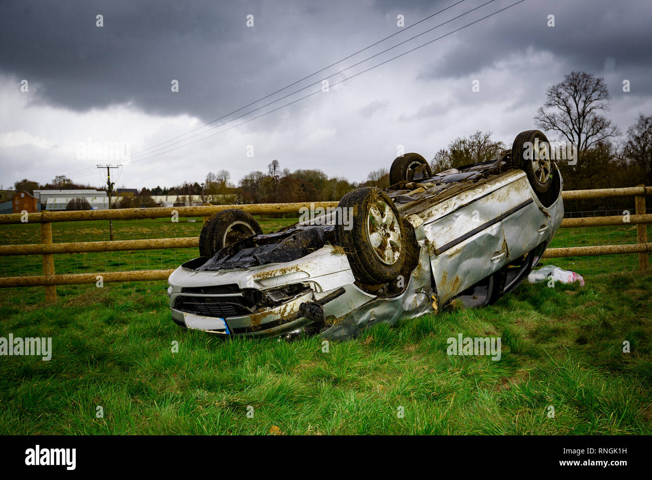 Car Crash and Car Damage. Vehicle rolled over in a field after a high ...