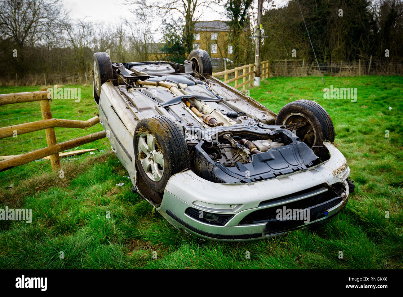 Car Crash and Car Damage. Vehicle crashed through a fence after high ...