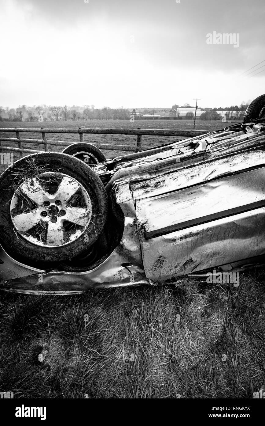Car Crash and Car Damage. Vehicle flipped over after high speed crash ...