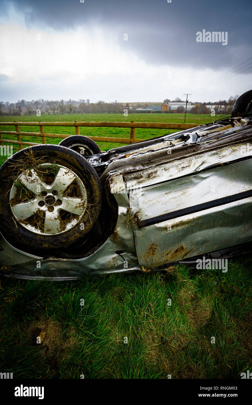 Car Crash and Car Damage. Vehicle flipped over after high speed crash ...