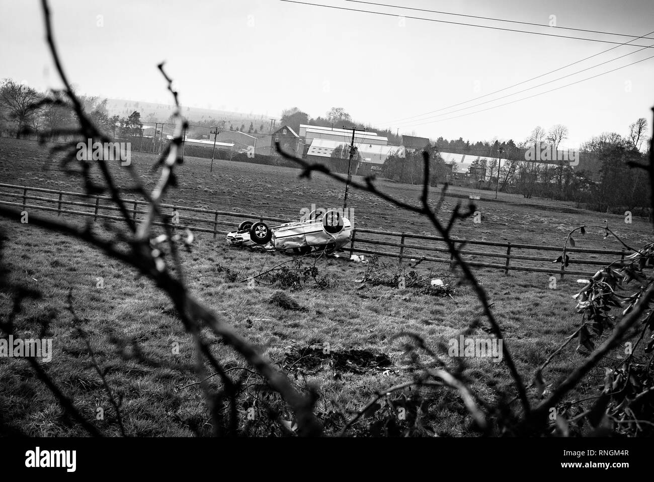 Car Crash and Car Damage; Vehicle upside down in a field after high ...