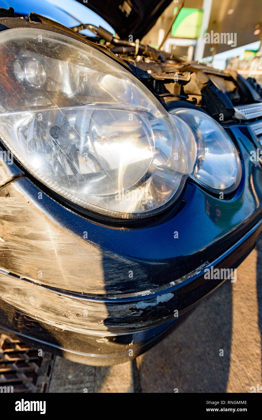 Car Crash and Car Damage; Vehicle headlight and bumper damage Stock ...
