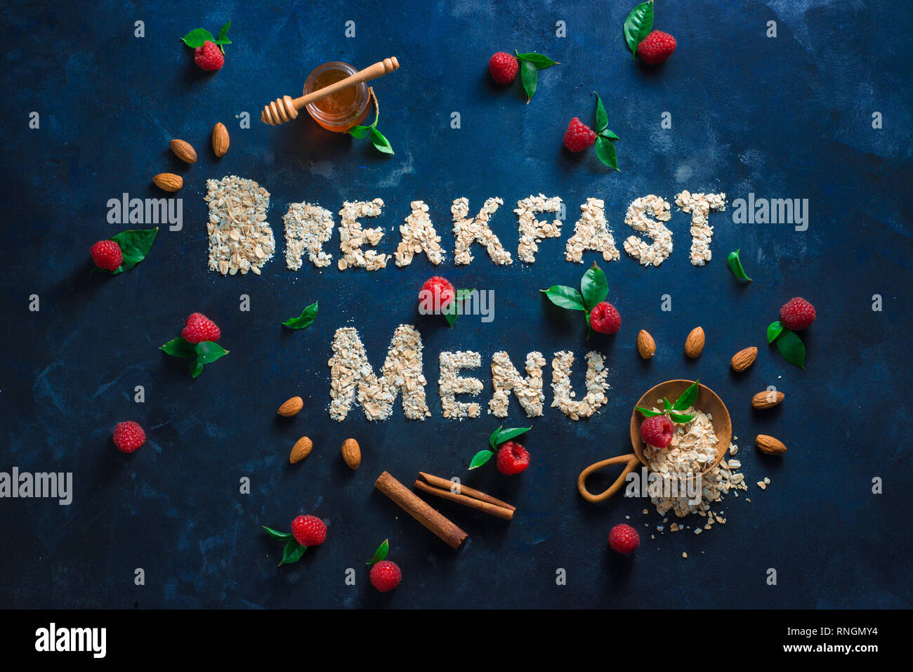 Breakfast menu header, words written with oatmeal. Healthy eating ...