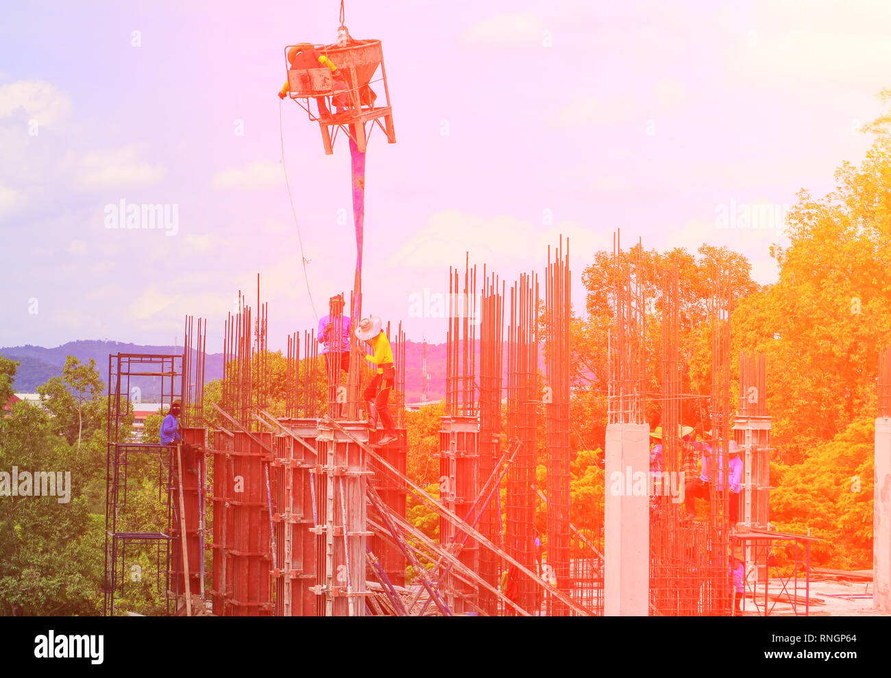 worker construction team working on high floor building commercial in ...