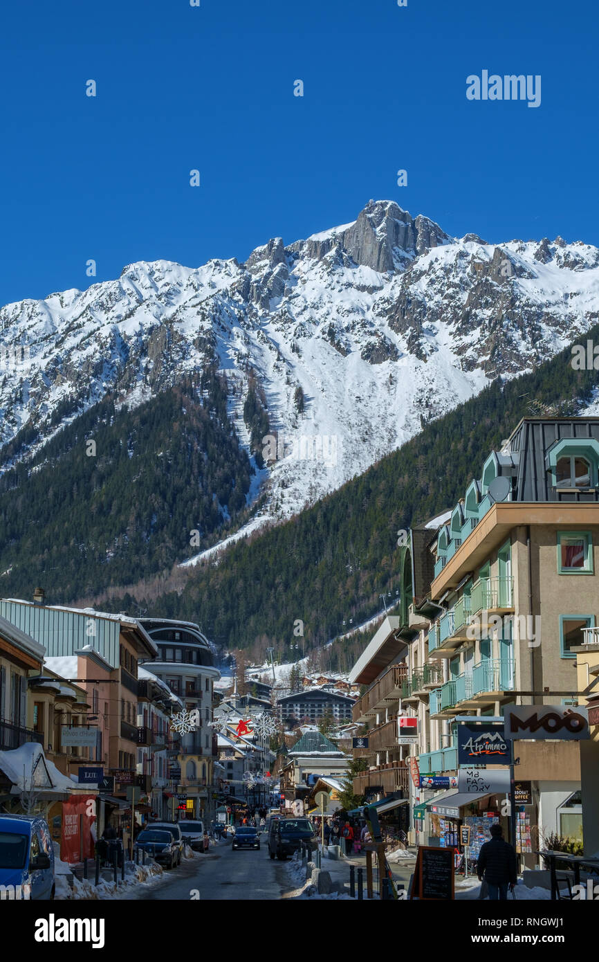 Chamonix Mont Blanc, France - February 14th 2019: The town of Chamonix ...