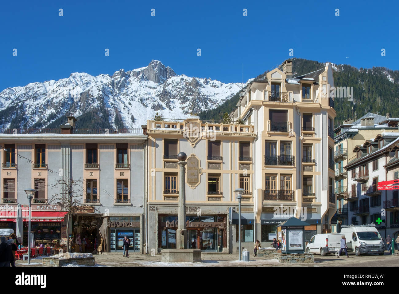 Chamonix Mont Blanc, France - February 14th 2019: The town of Chamonix ...