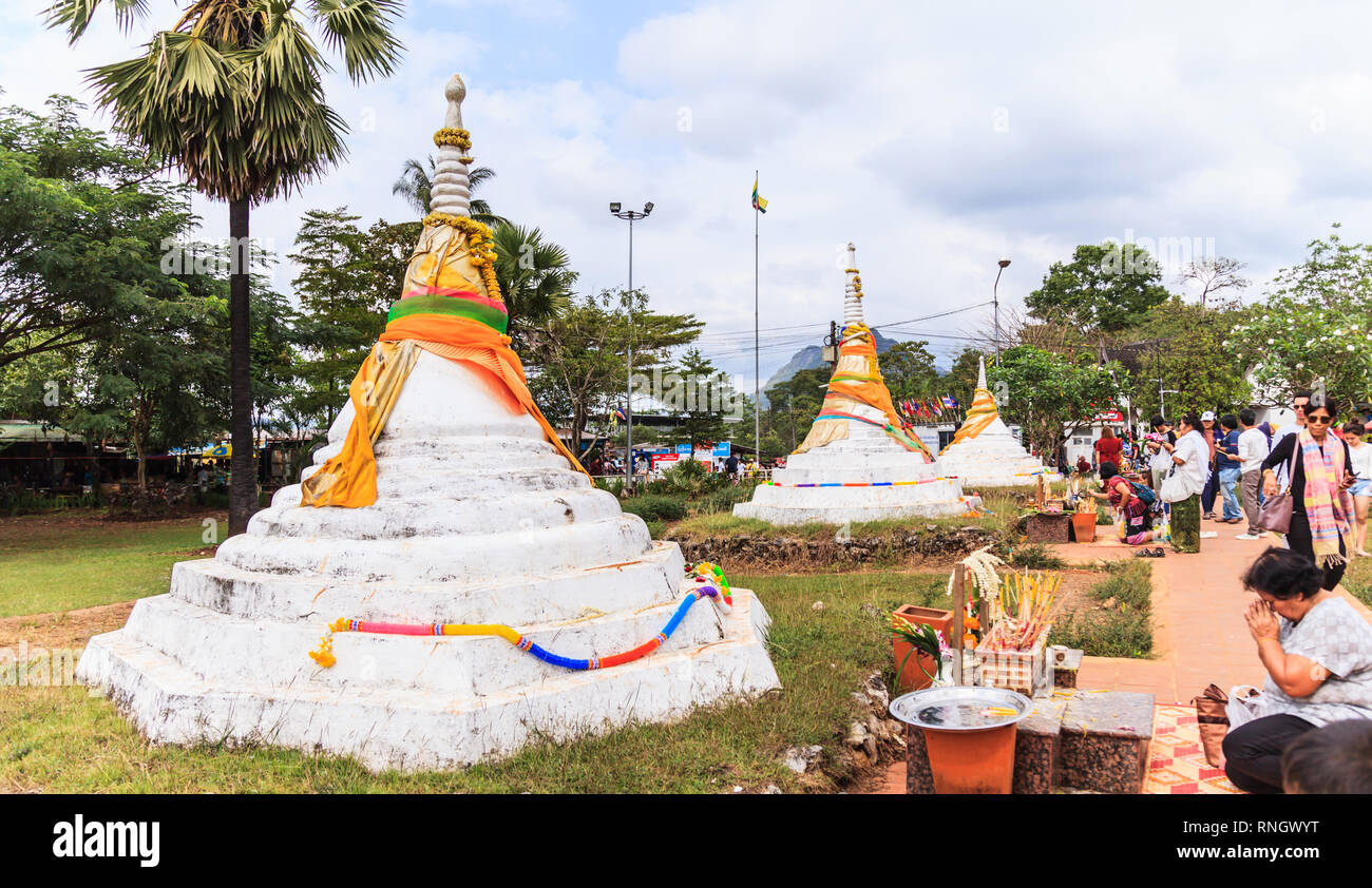 Kanchanaburi, Thailand - December 30, 2018: Three Pagodas (three small ...