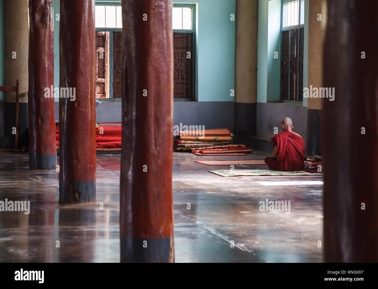 Payathonsu, Myanmar - December 30, 2018: Buddhist Monk meditating at ...