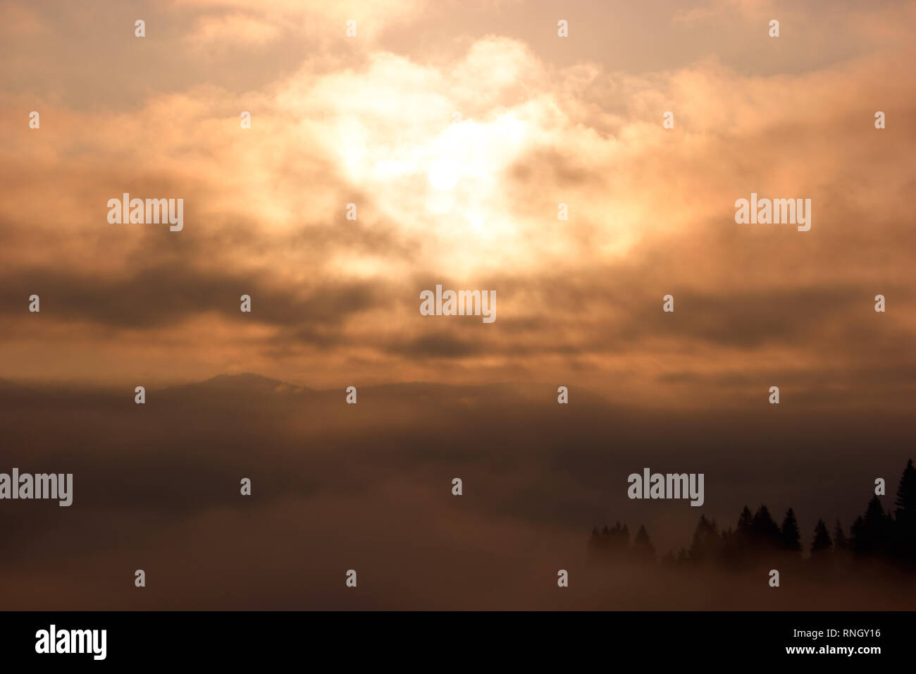 Cloudy sky at early morning in mountains. Magic sky and clouds at dawn ...