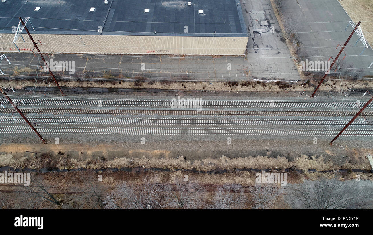 Aerial view of railroad tracks with power lines Stock Photo - Alamy
