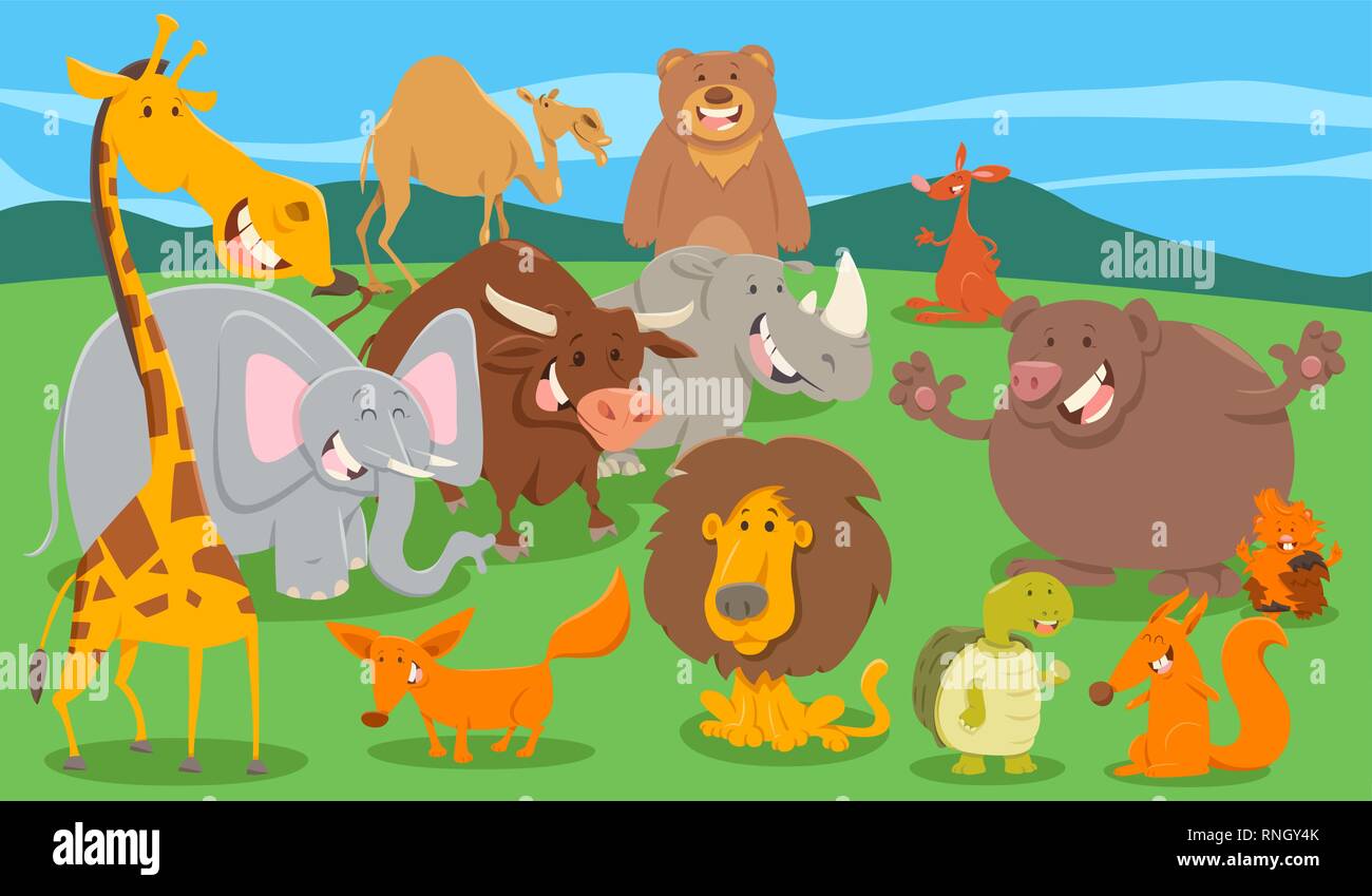 Cartoon Illustration of Happy Animal Characters Group in the Wild Stock ...