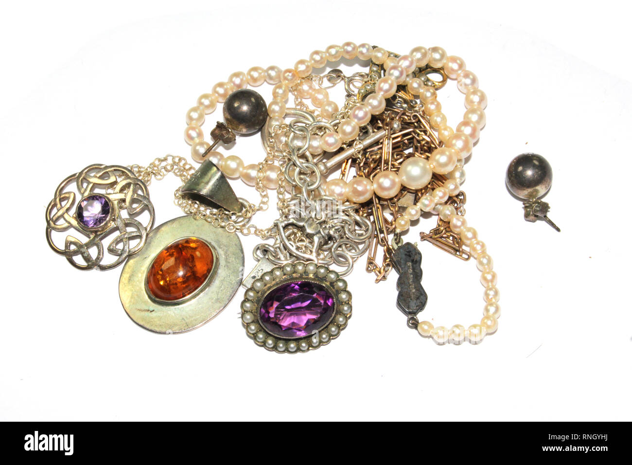 Vintage Antique Jewellery on White Background Stock Photo - Alamy