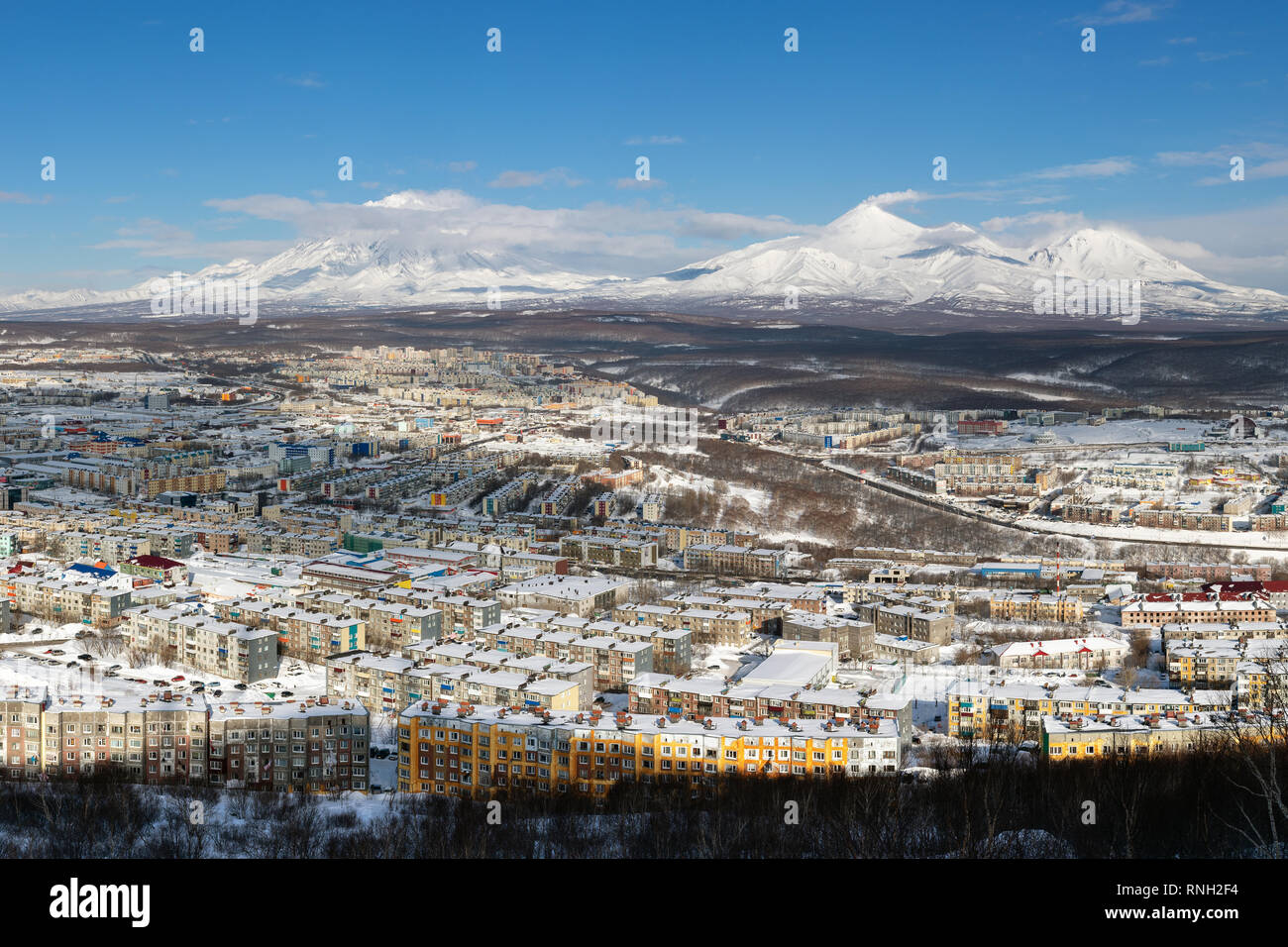Winter landscape residential buildings of Petropavlovsk-Kamchatsky City ...