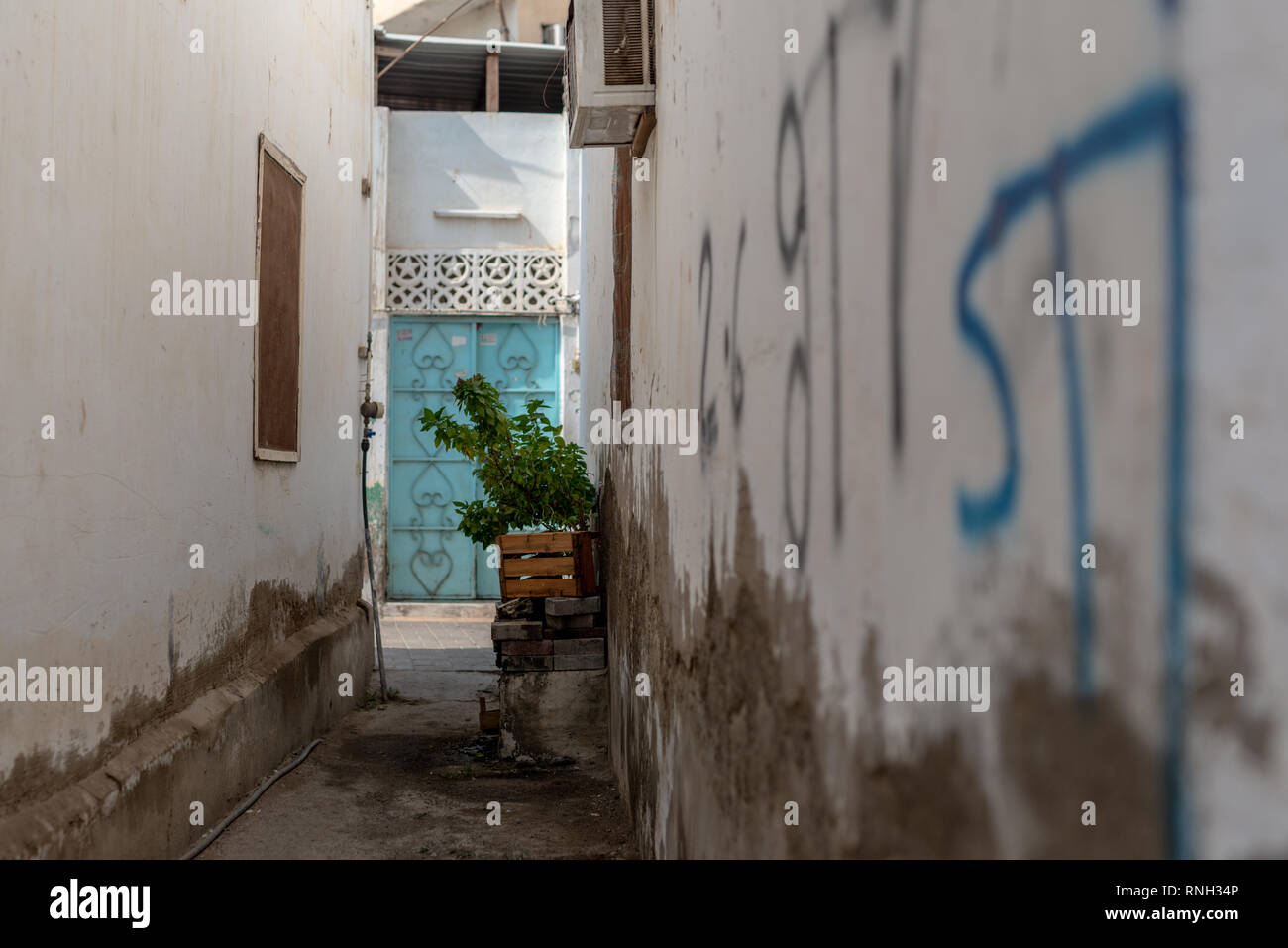 Entrance building blue door, narrow lane and graphitis in the ...