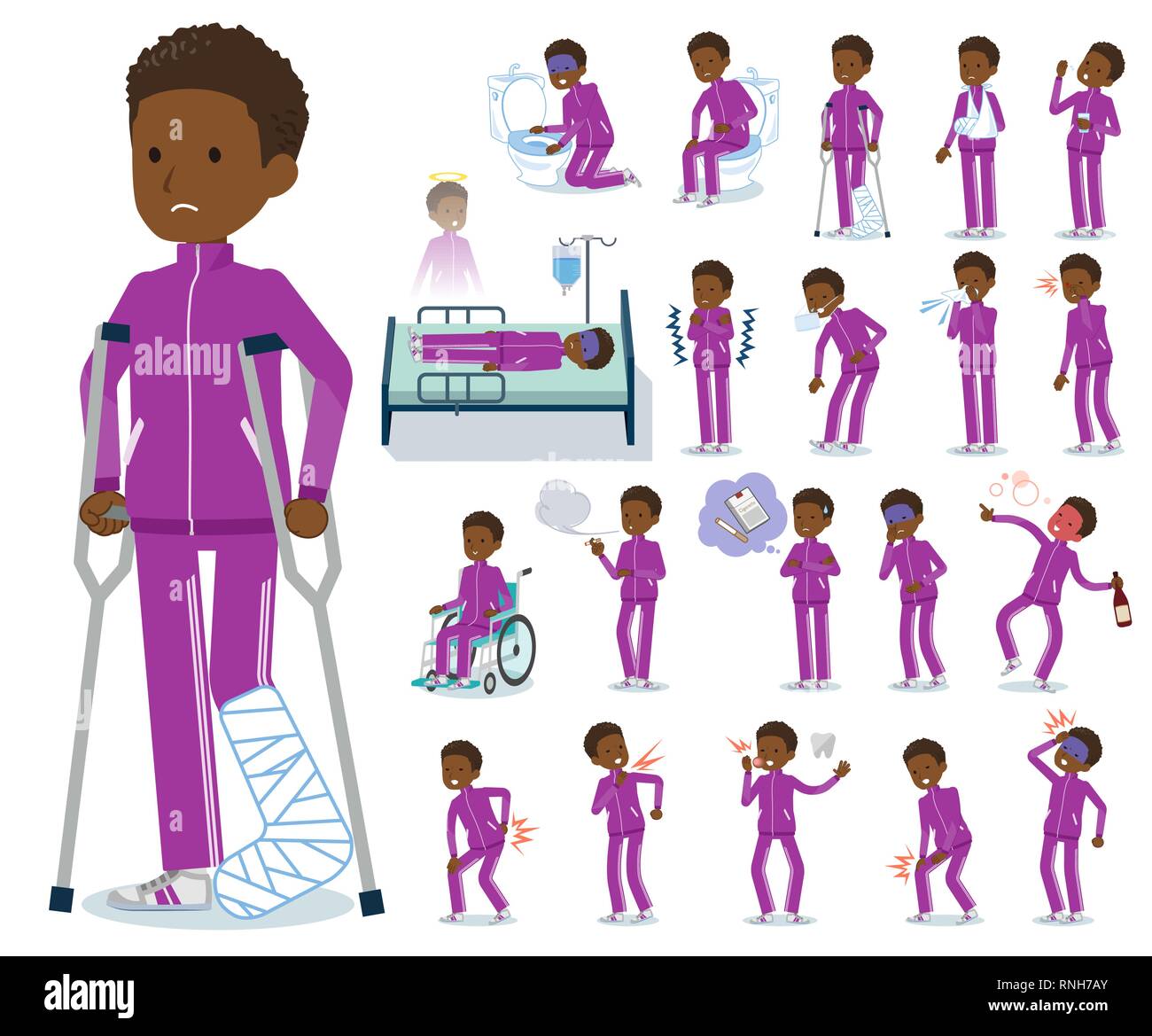 A set of school boy in sportswear with injury and illness.There are ...