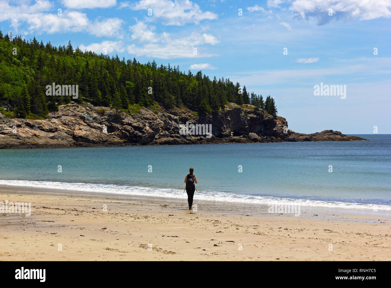 Acadia National Park, Maine, USA. A tourist standing on a sandy beach ...