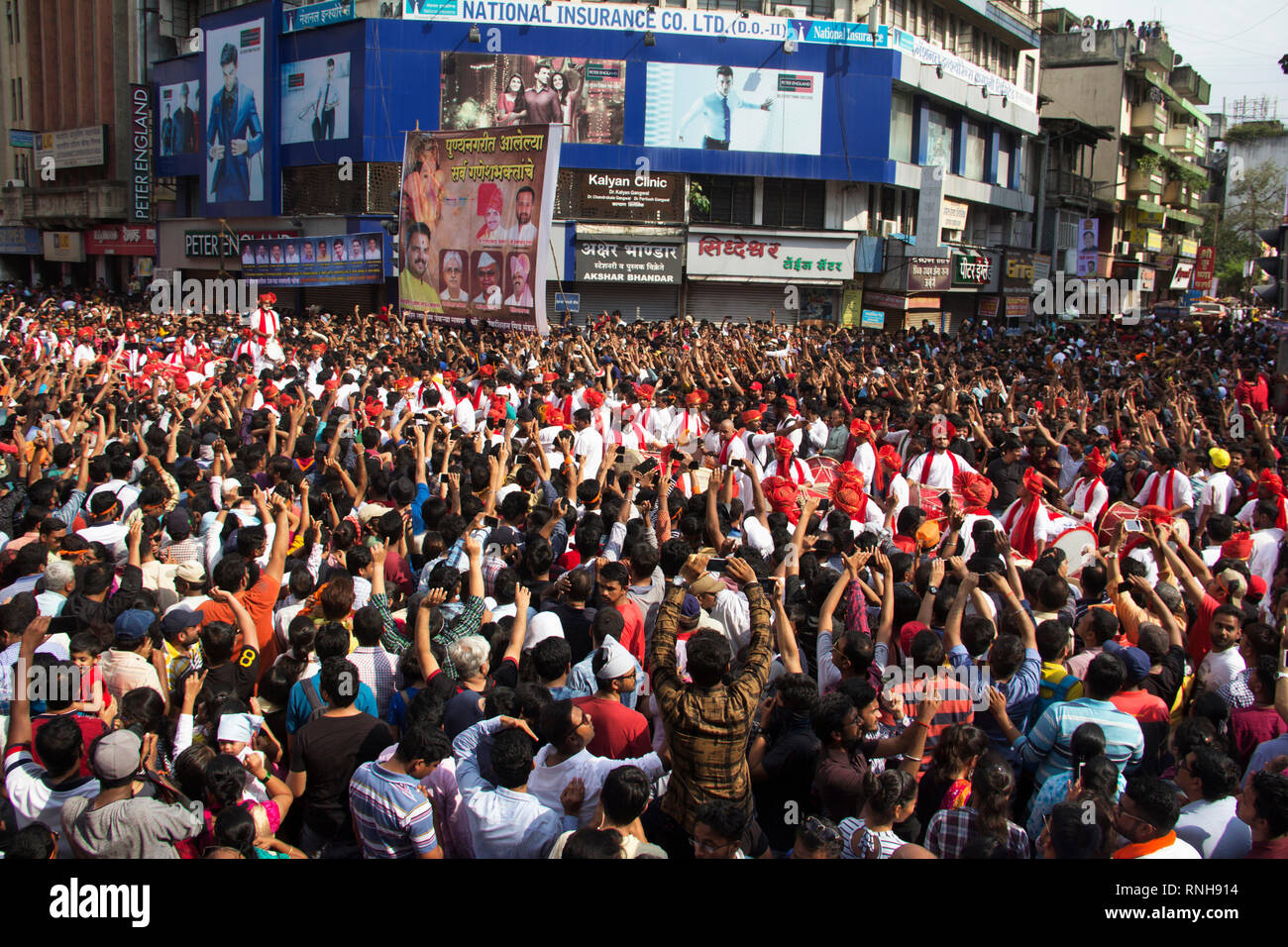 PUNE, MAHARASHTRA, September 2018, People, crowd cheering Dhol tasha ...