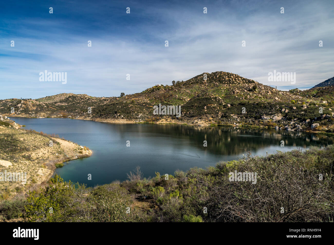Beautiful Lake Ramona surrounded by mountains in an elevated location ...