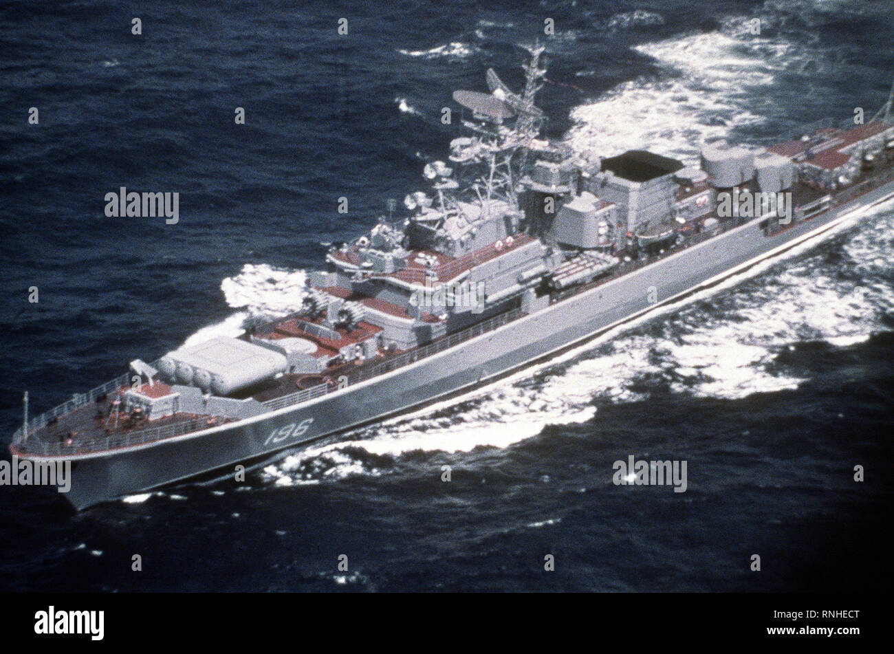 1982 - A port bow view of a Soviet Krivak class guided missile frigate ...