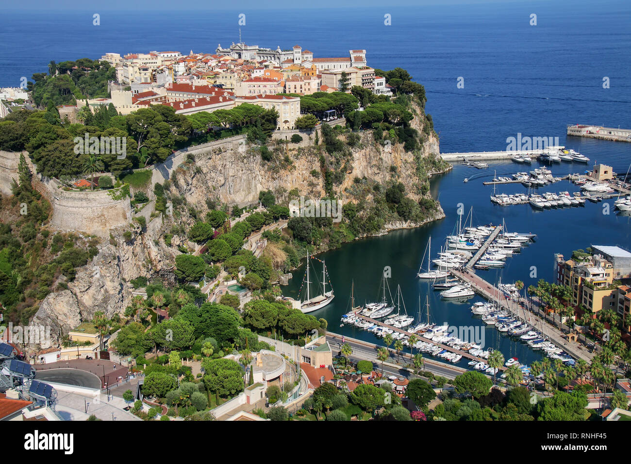 View of Monaco City and boat marina below in Monaco. Monaco City is one ...