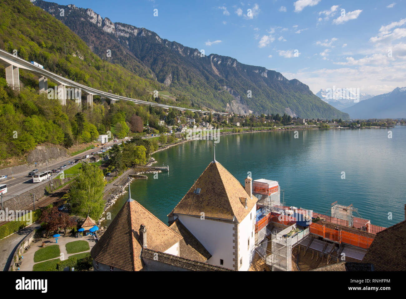 Chillon Castle and the lake view - Veytaux, Switzerland Stock Photo - Alamy
