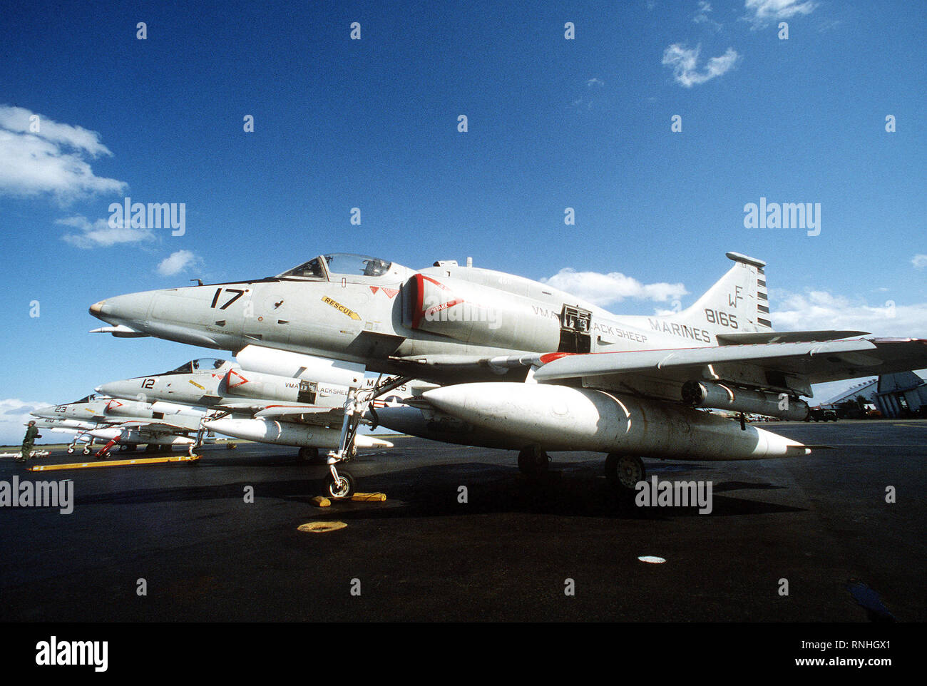 1980 - A left side view of a parked A-4EJ Skyhawk aircraft from Marine ...