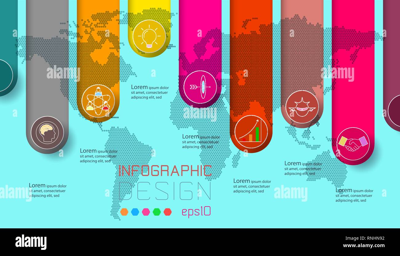 Six labels with business icon and world map background infographics ...