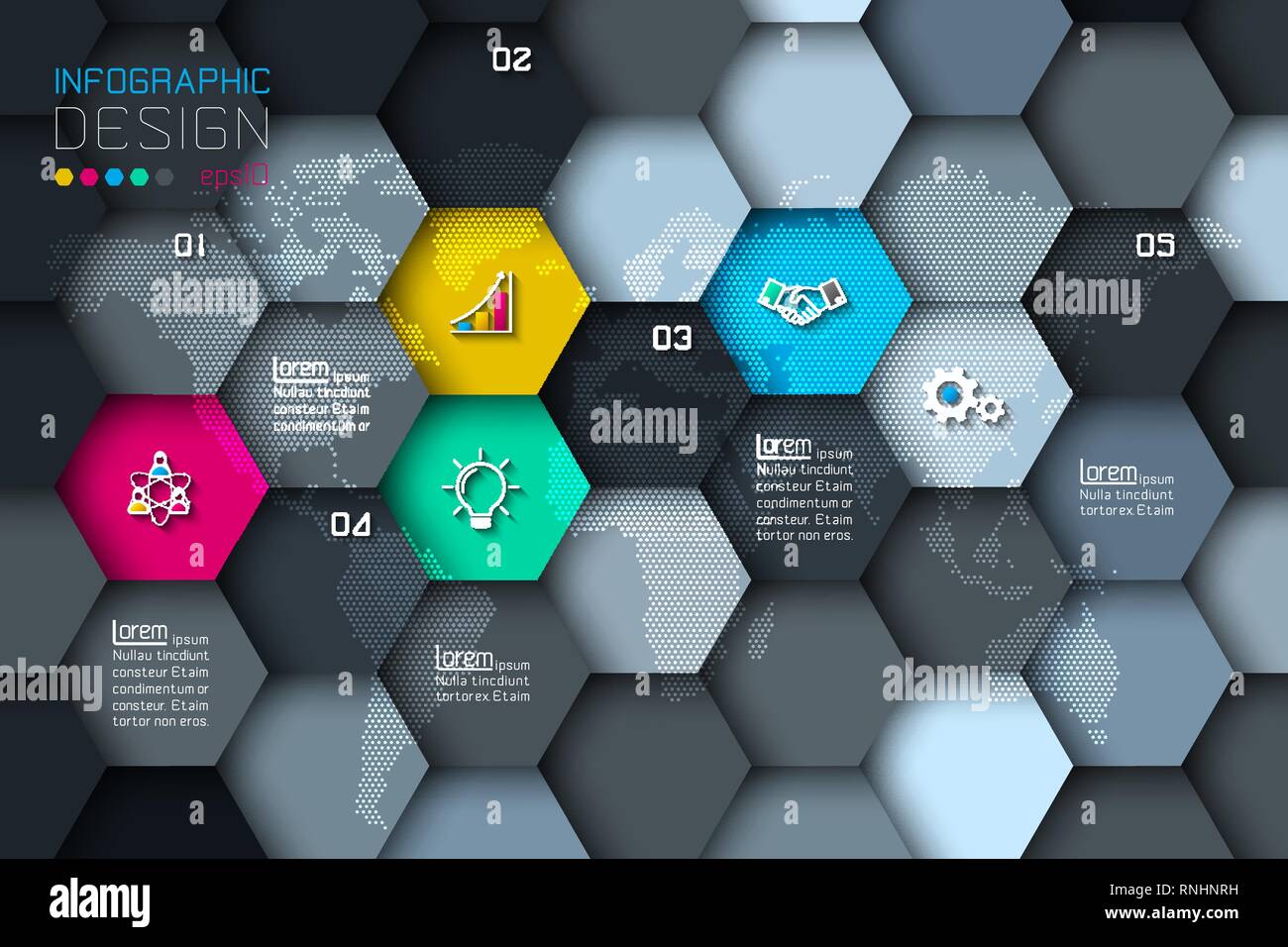 Business hexagon net labels shape infographic with dark background ...
