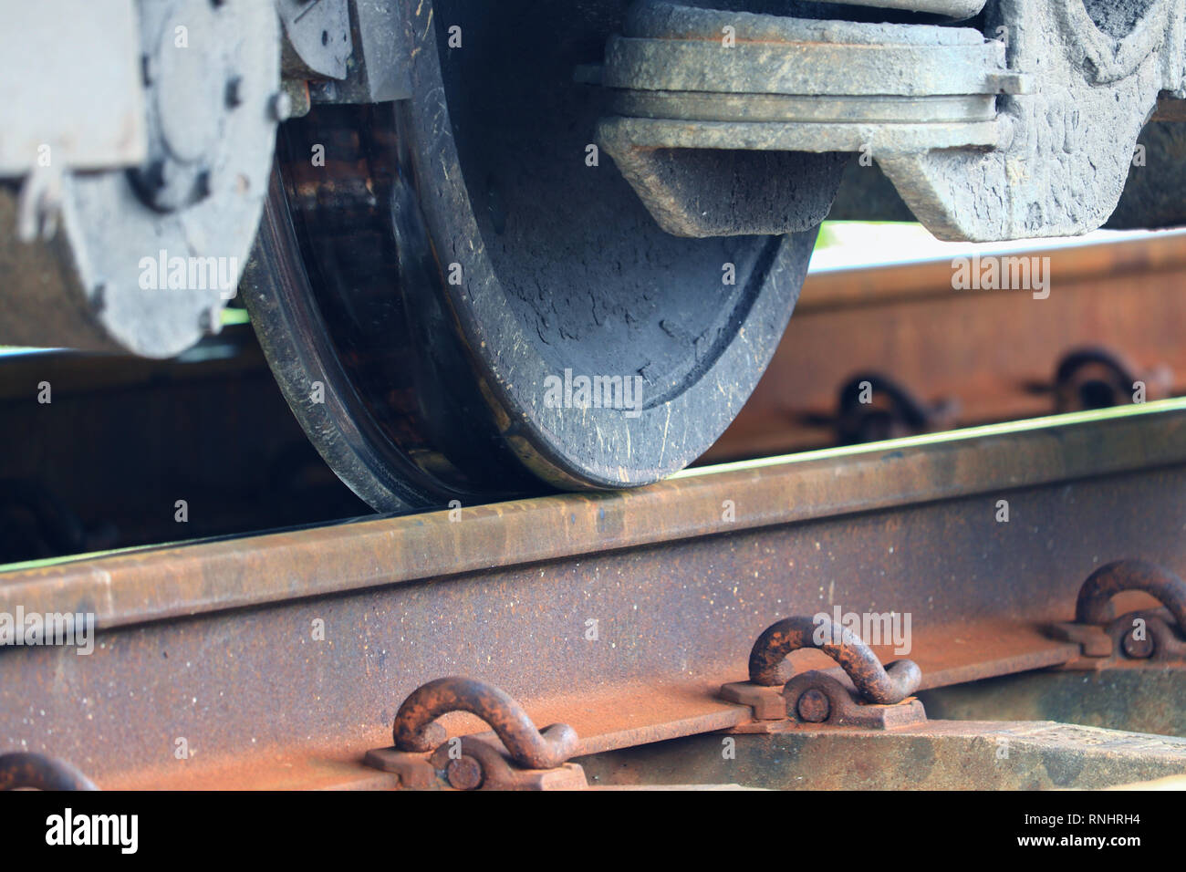 train wheel close up on railway track at station Stock Photo - Alamy