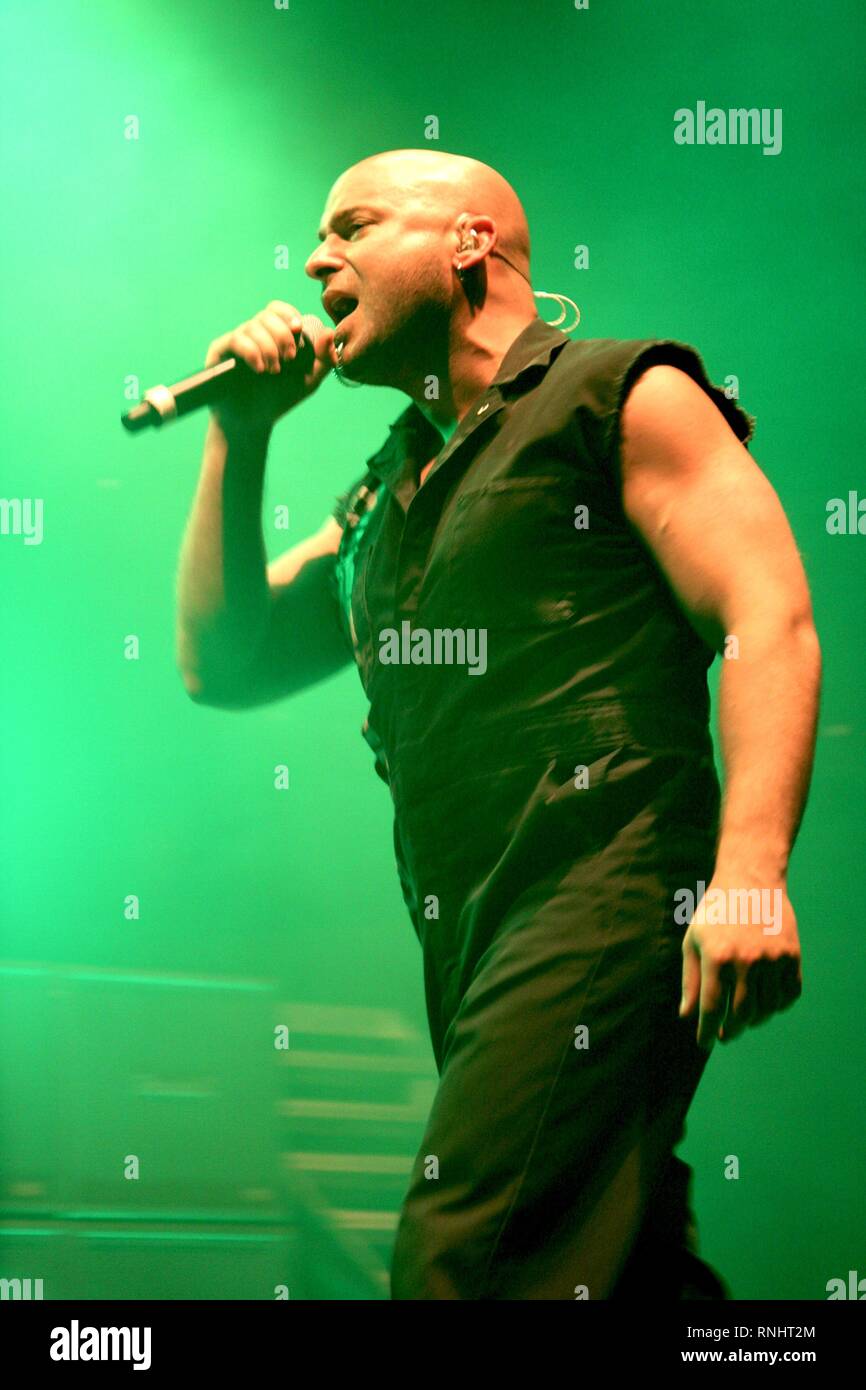 Disturbed singer David Draiman is shown on stage during concert ...
