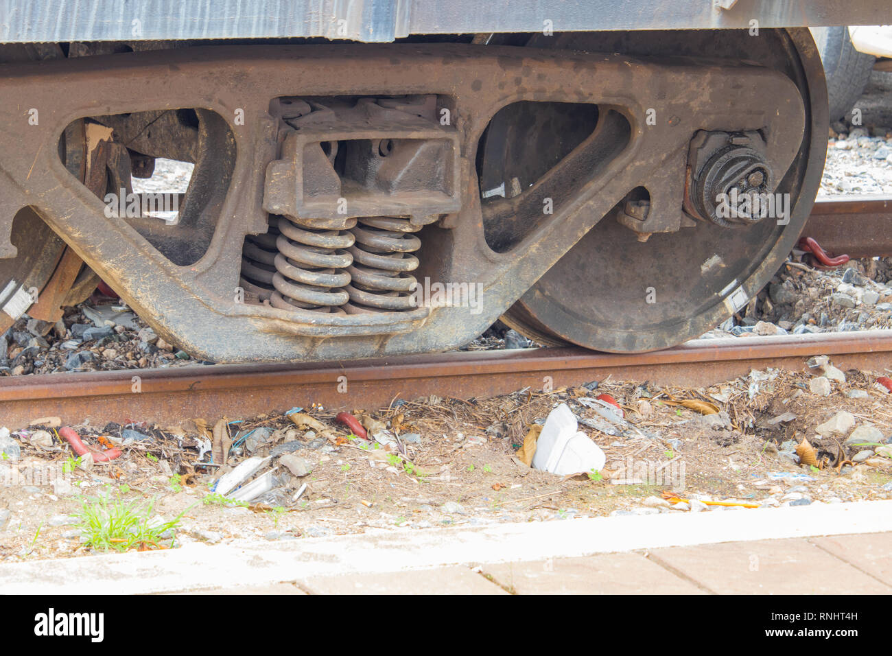 train wheel close up on railway track at station Stock Photo - Alamy