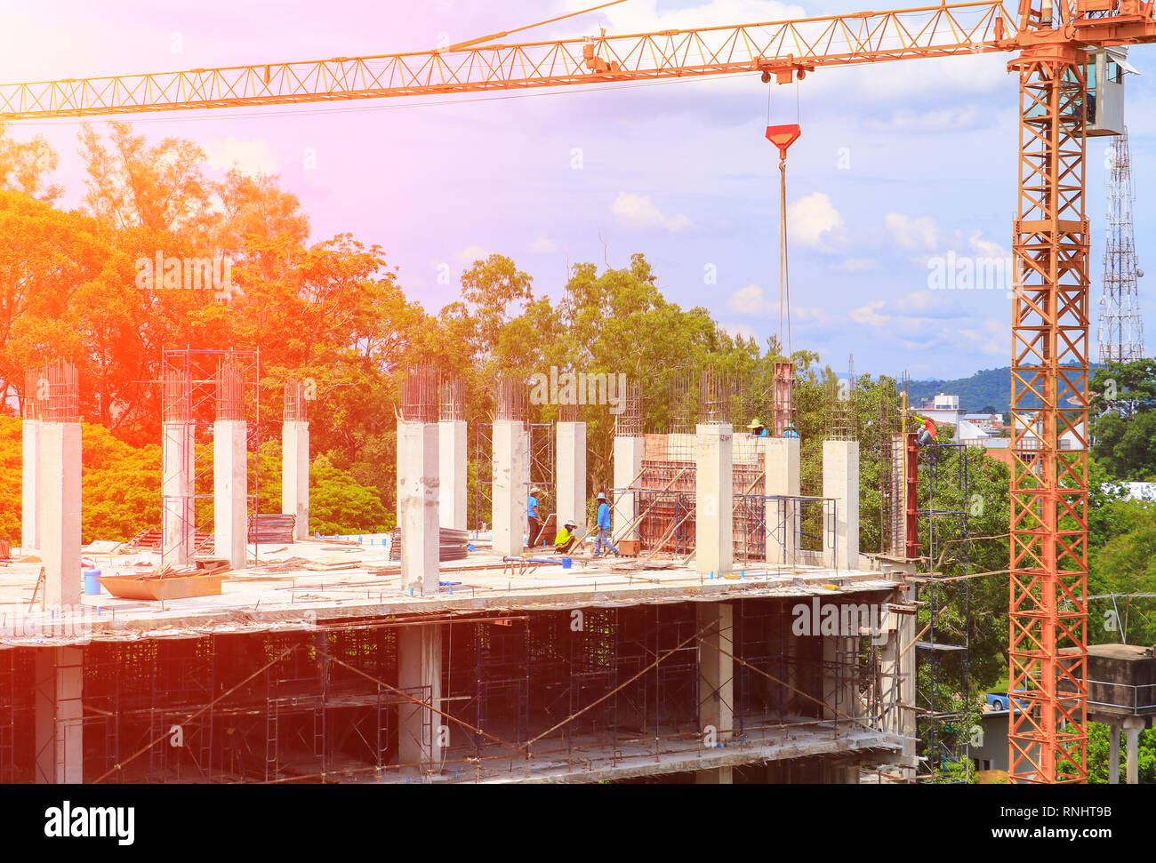 worker construction team working on high floor building commercial in ...