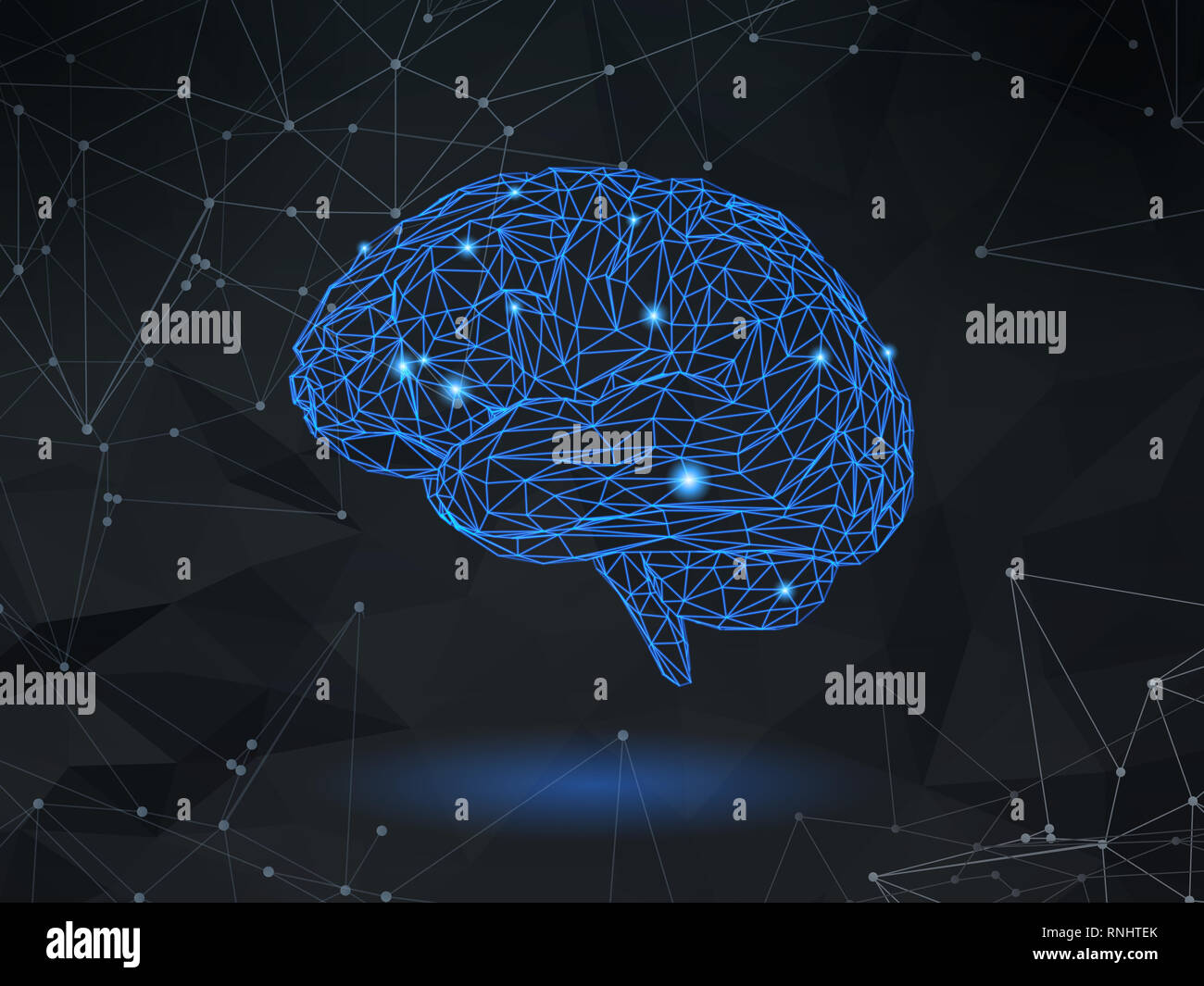 Low poly blue wireframe brain glowing with dot and line on dark space ...