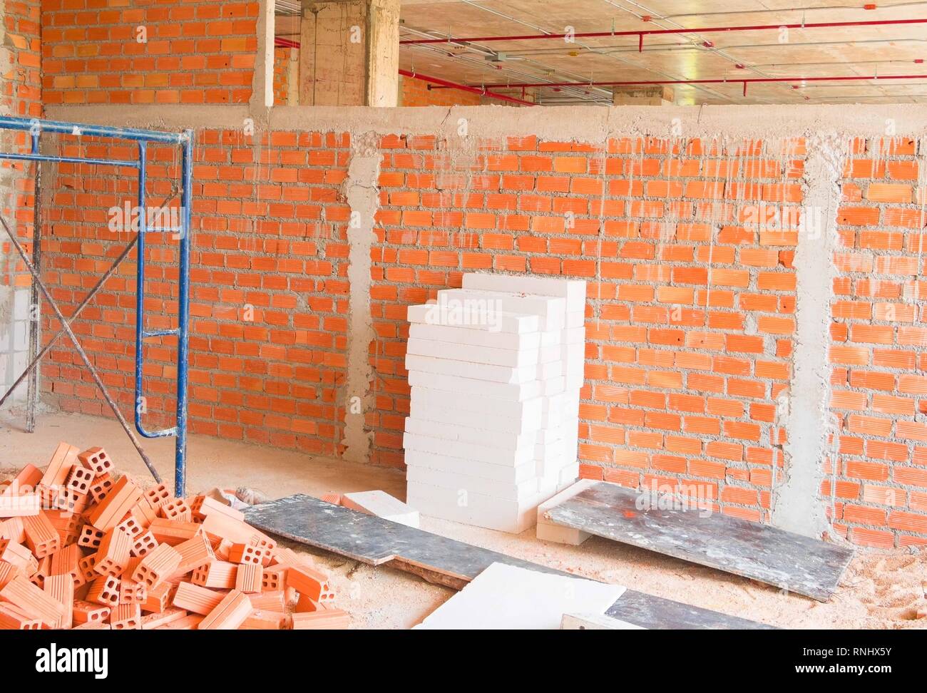 wall made brick construction site interior room in building with copy ...