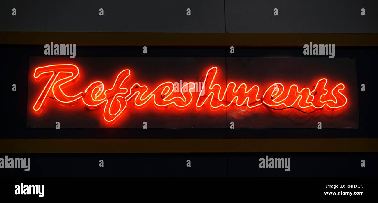 refreshments neon sign Stock Photo - Alamy