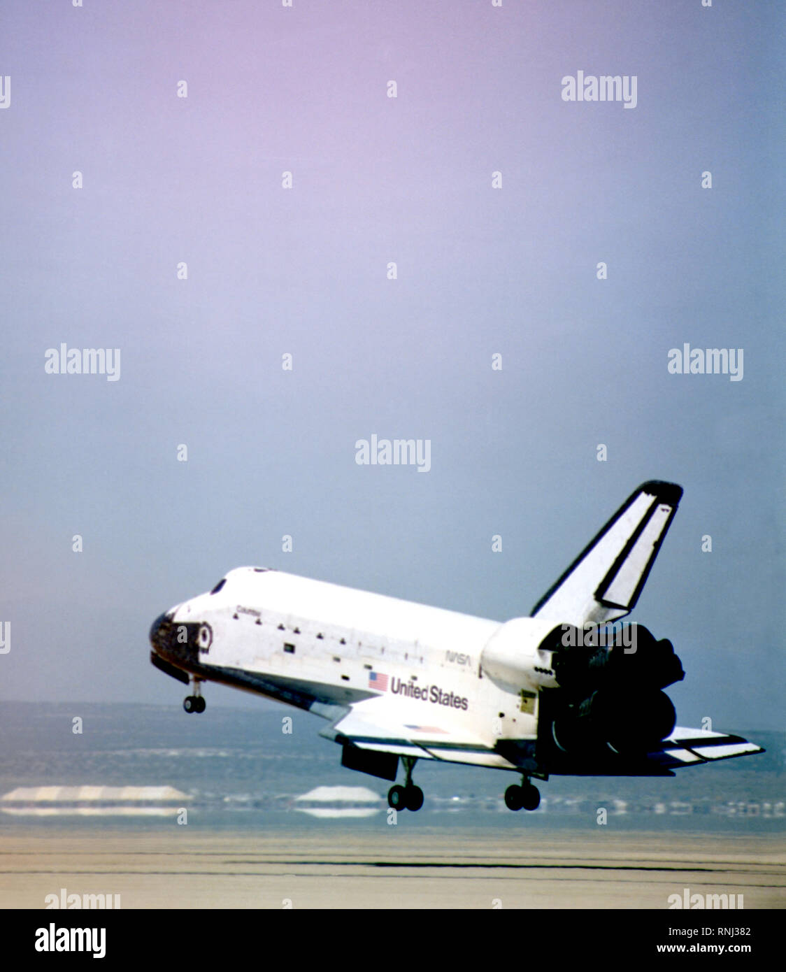A rear view of the space shuttle orbiter Columbia landing from the ...
