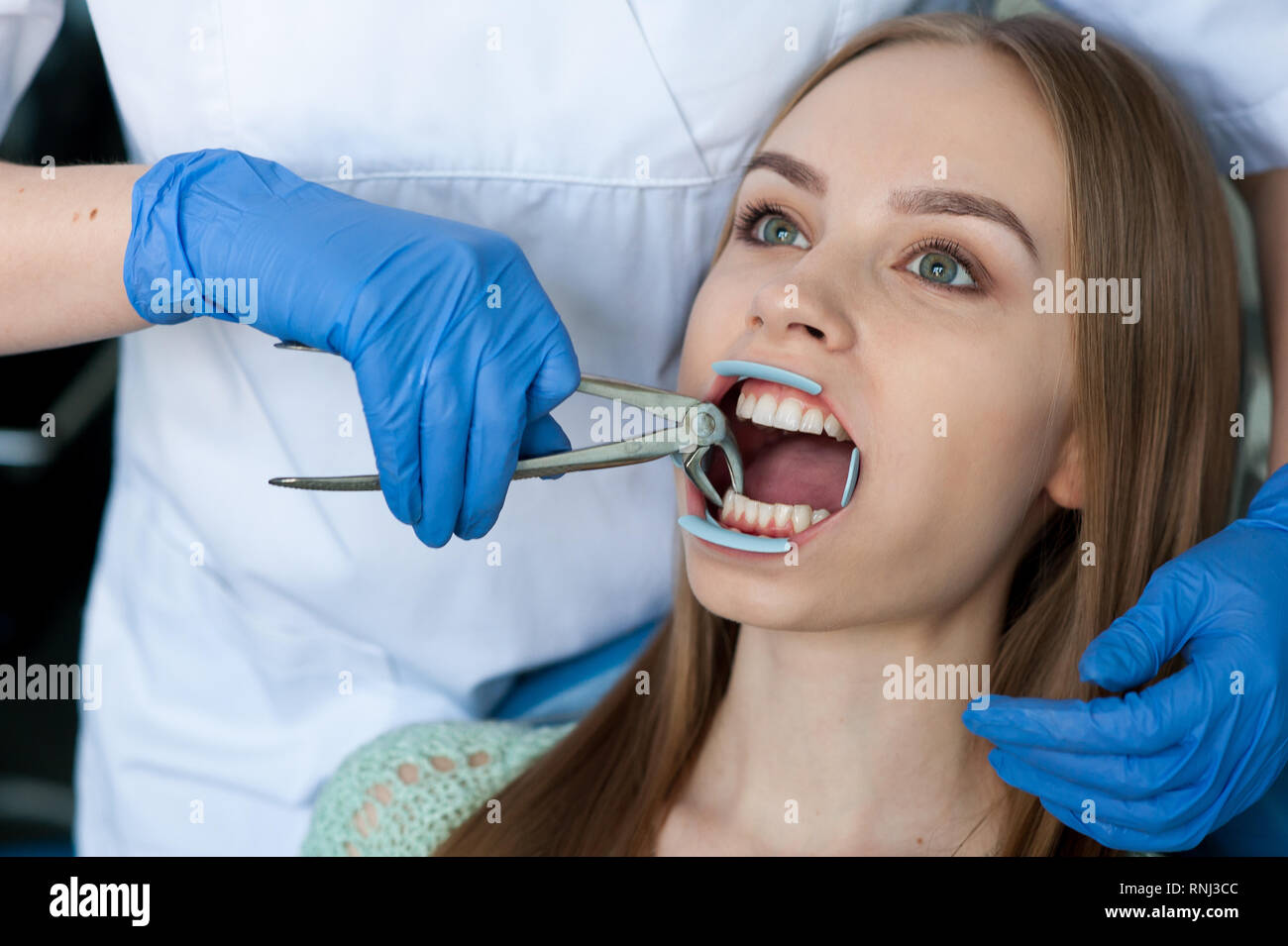 Dentist examining a patient's teeth in the dental clinic Stock Photo ...
